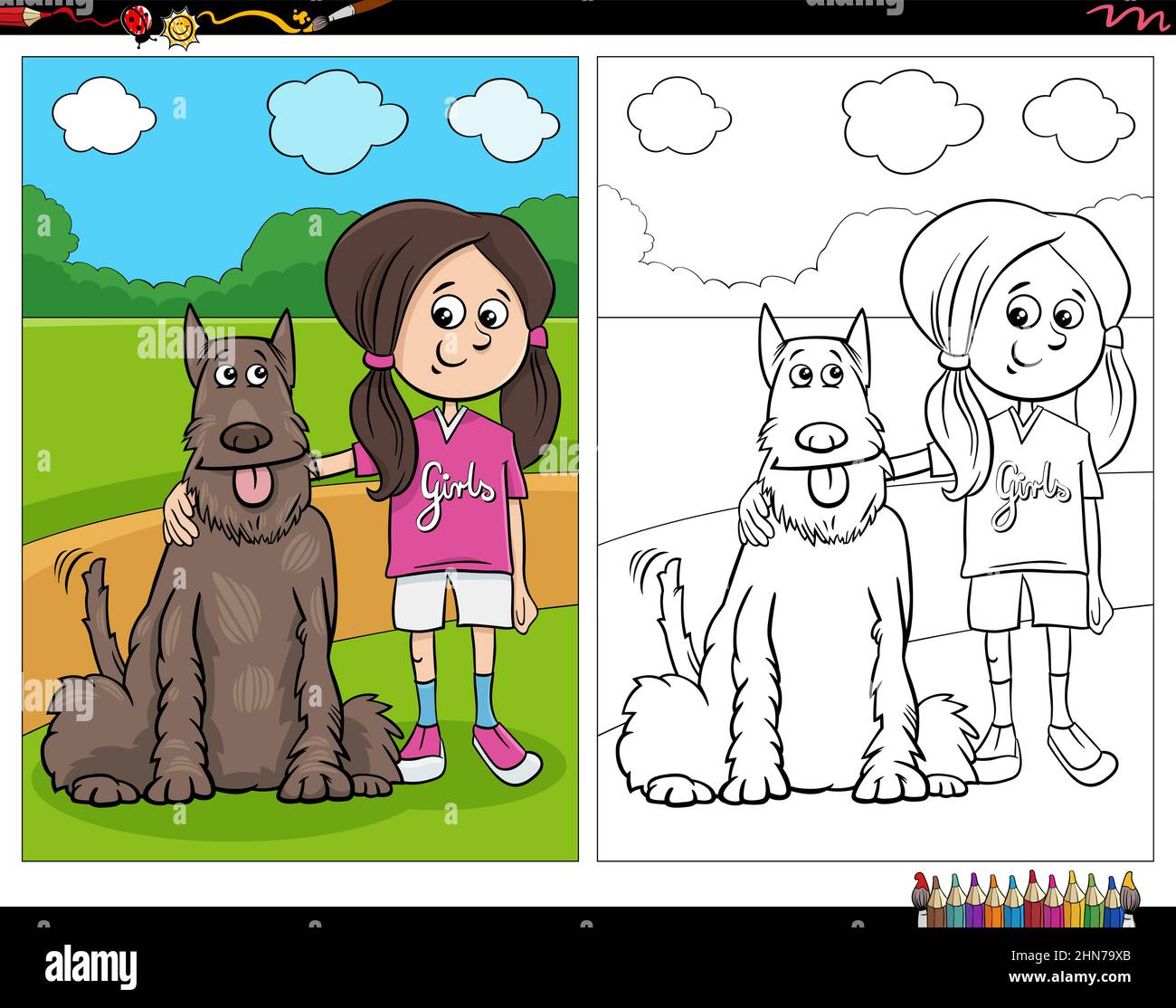 Cartoon illustration of girl with her dog coloring book page Stock ...