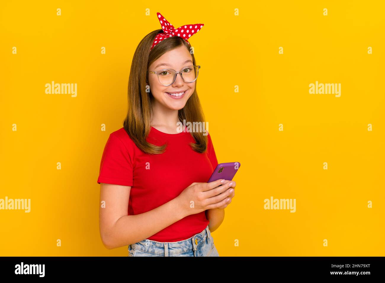 Photo of cheerful good mood teen girl browsing fast speed wifi use ...