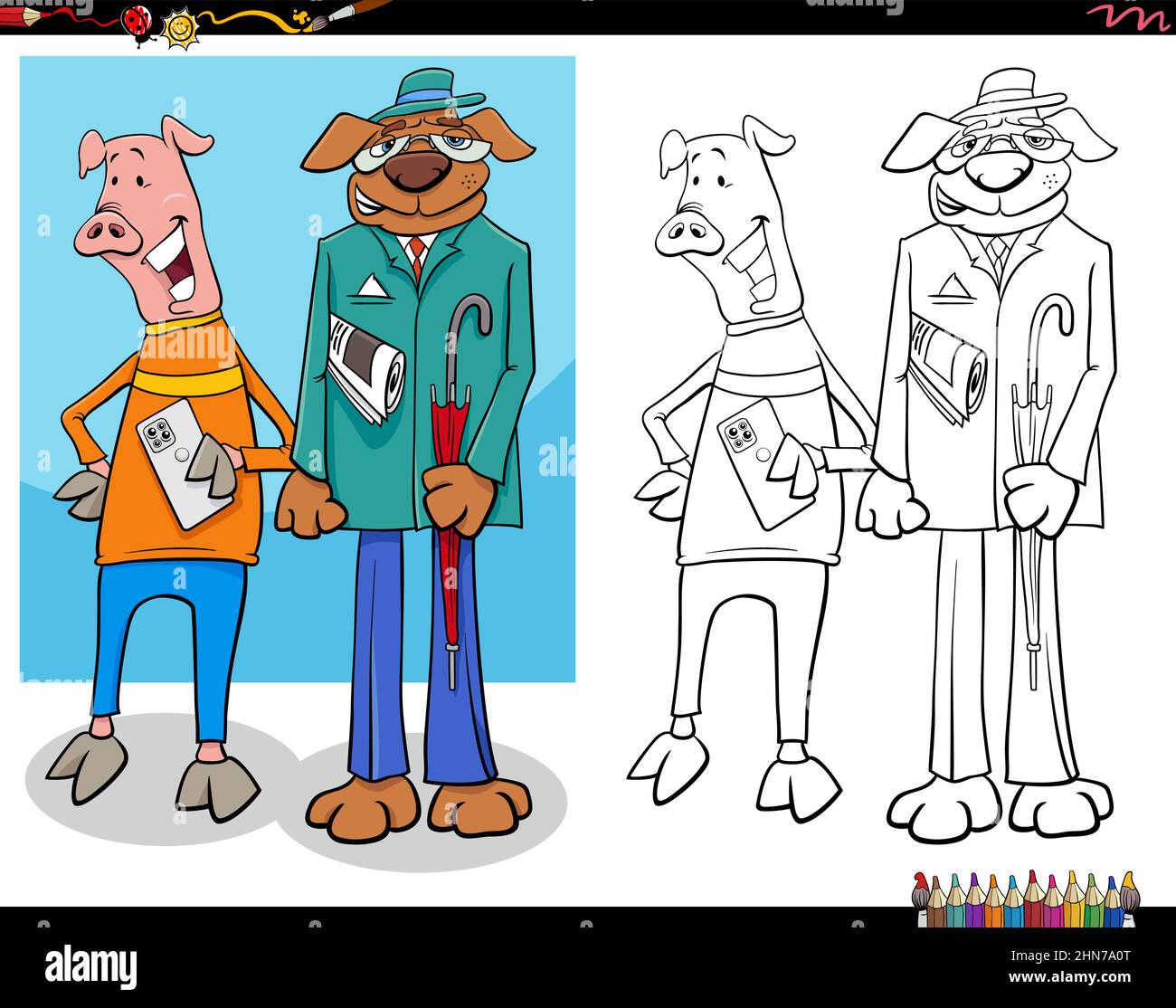 Cartoon illustration of pig and dog comic characters coloring book page ...