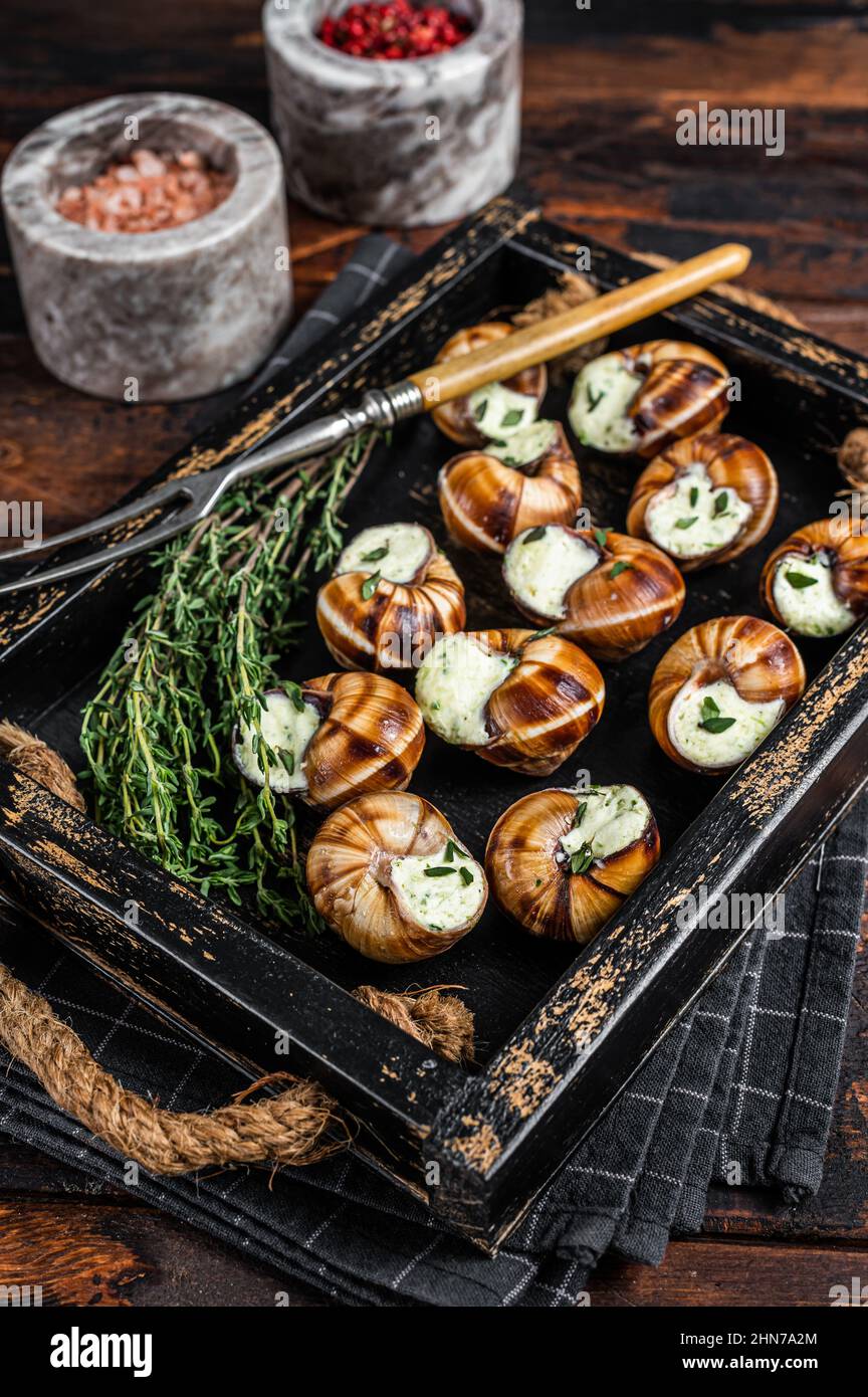 French gourmet - Escargot Snails with garlic butter in a wooden tray ...