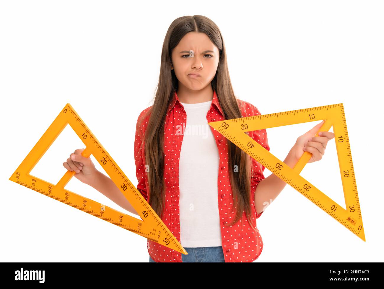 serious kid hold triangle ruler study trigonometry at school isolated ...