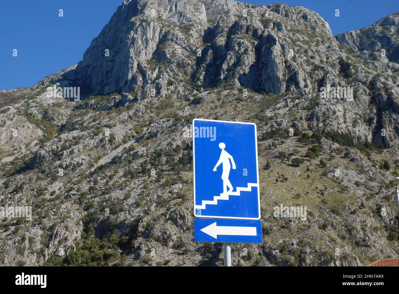 Ladder of Kotor, steep steps warning sign up to the fortress, Kotor ...