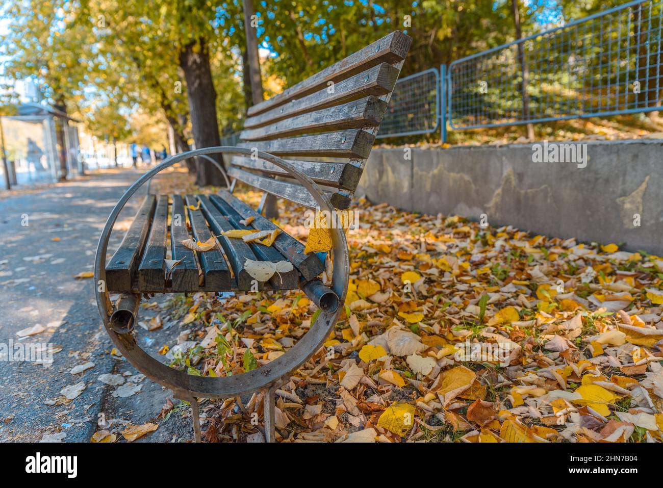 Wooden bench with concrete on city street in the park hi-res stock ...