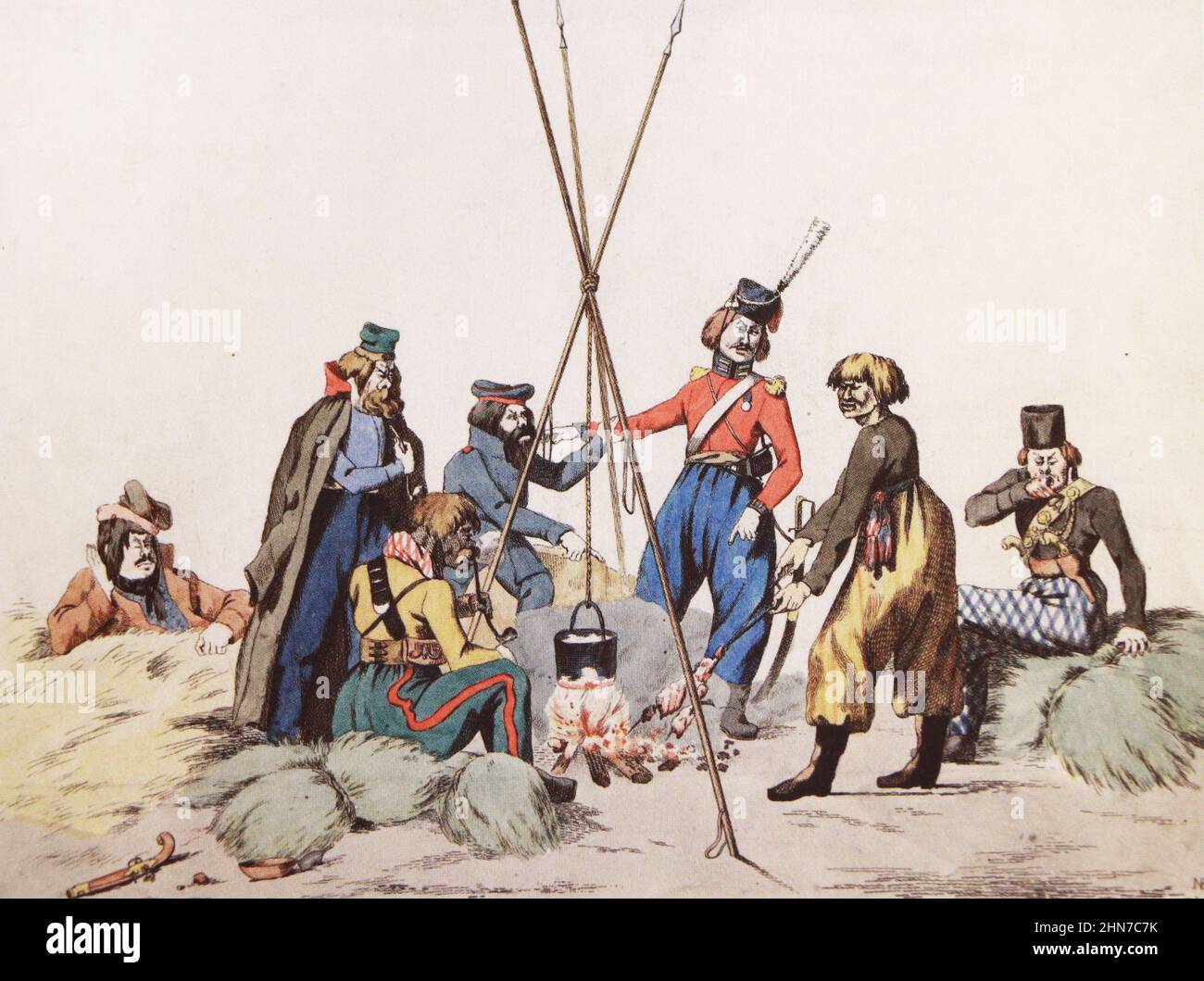 Cossacks at rest during the Patriotic War of 1812. Engraving of the ...