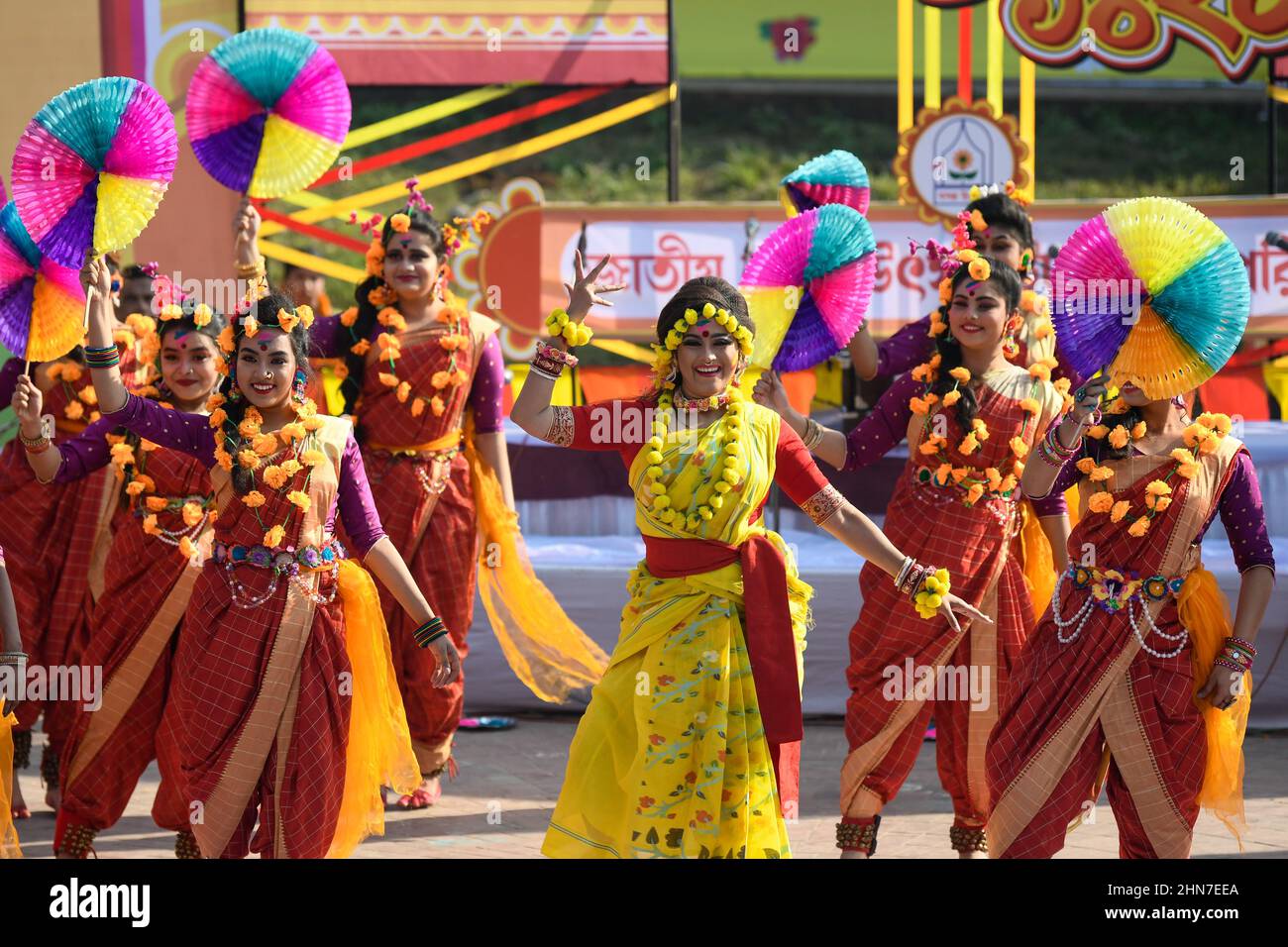 Dancers perform during the Pahela Falgun festival to celebrate the ...