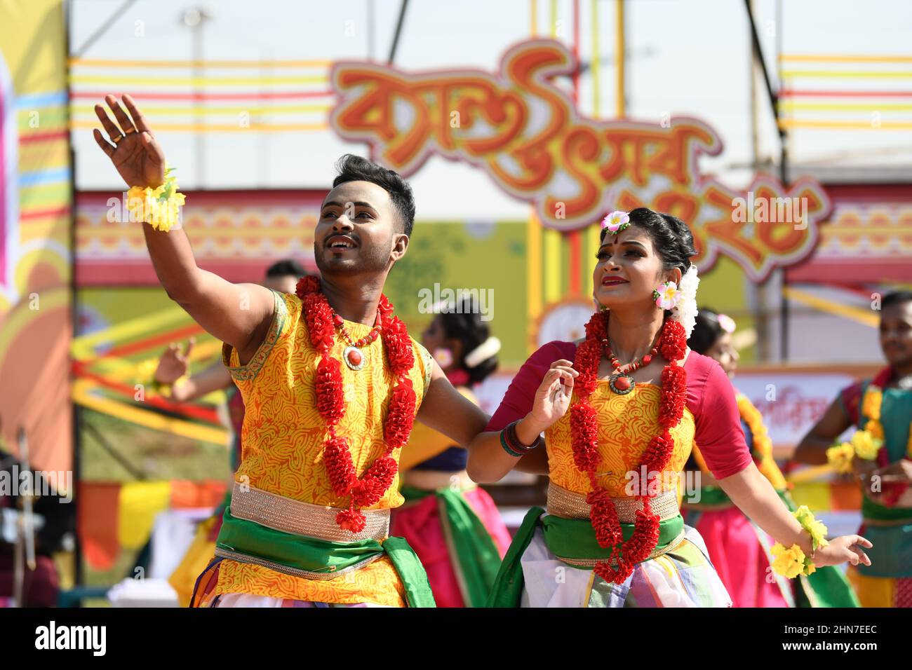 Dhaka, Bangladesh. 14th Feb, 2022. Dancers perform during the Pahela ...