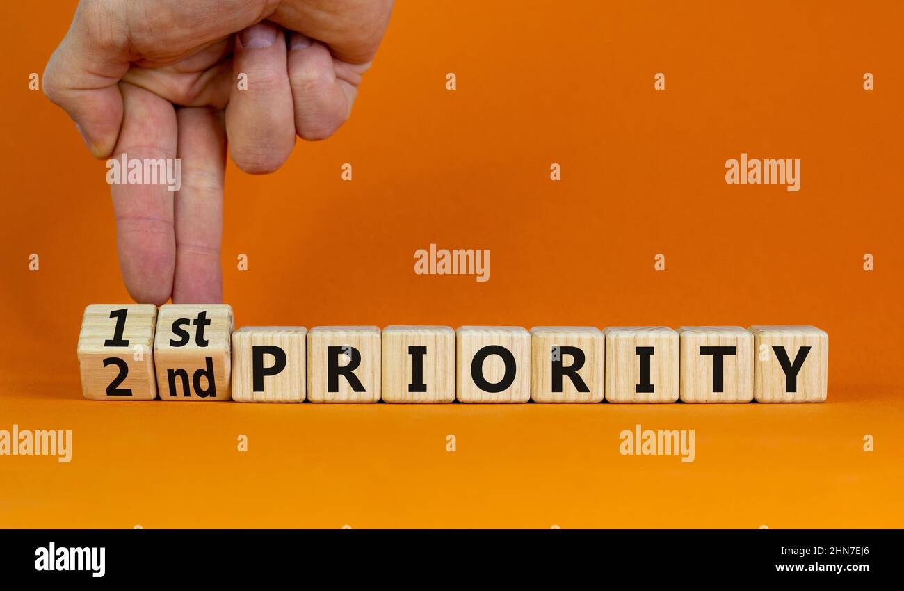 1st or 2nd priority symbol. Businessman turns wooden cubes and changes ...