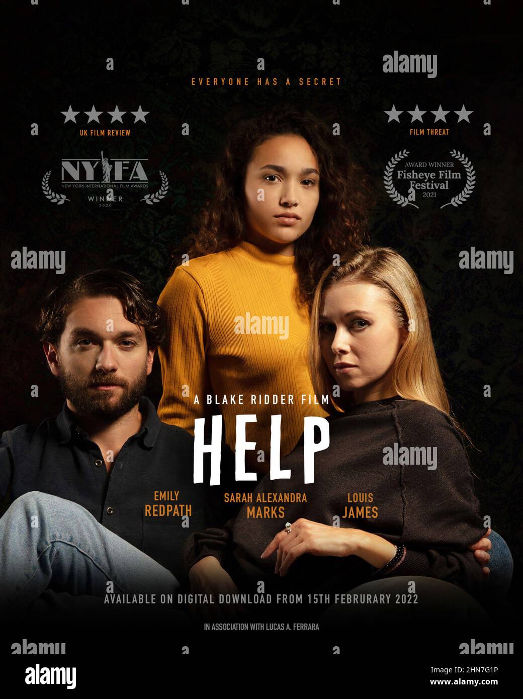 HELP, poster, from left: Louis James, Emily Redpath, Sarah Alexandra ...