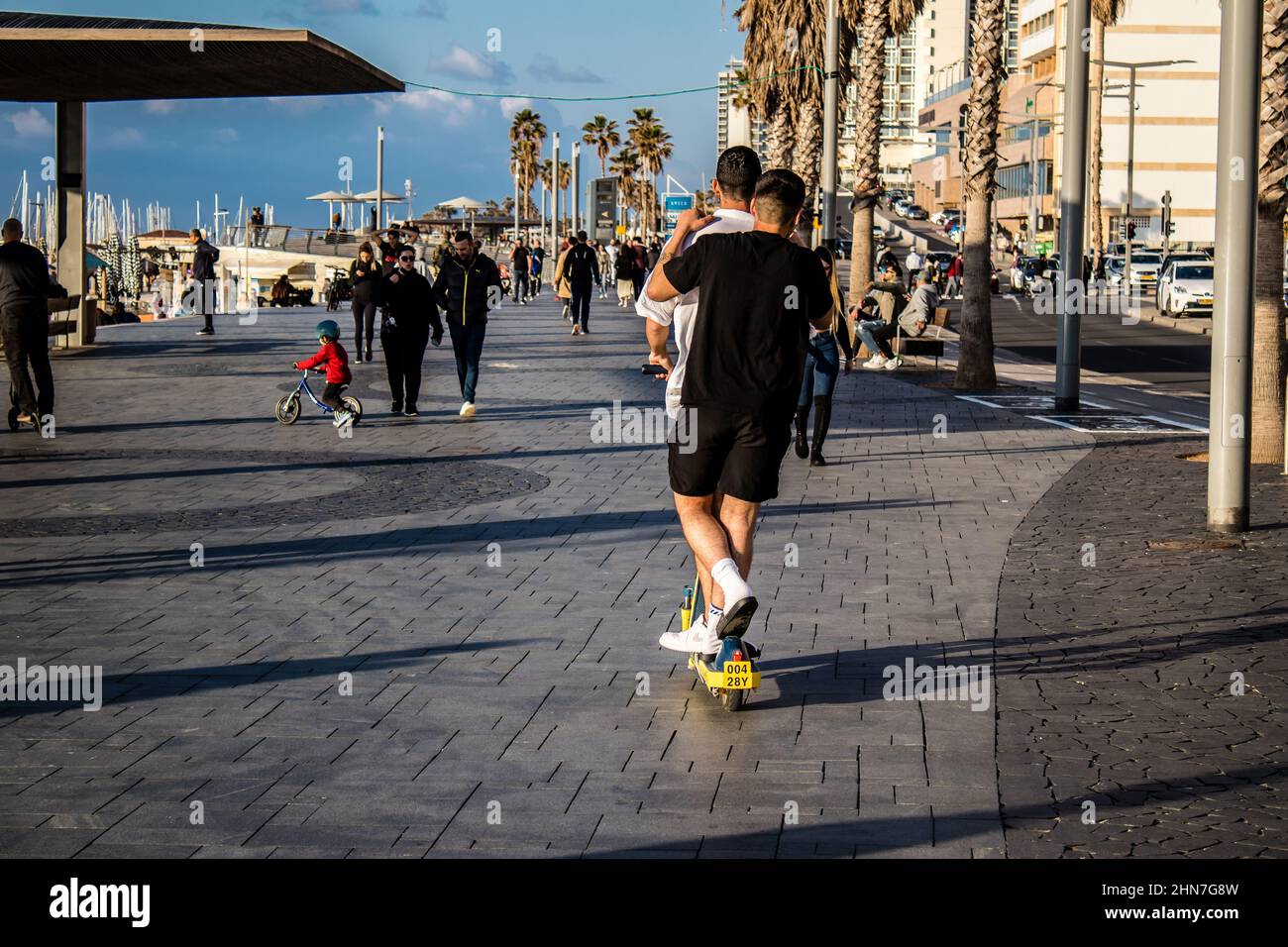 Tel Aviv, Israel - February 13, 2022 Unidentified people walking on Tel ...