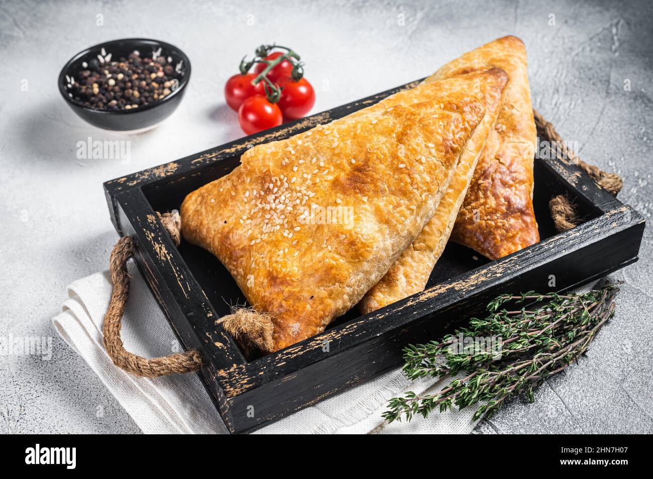 Central Asia Puff pastries with meat samosa, samsa. White background ...