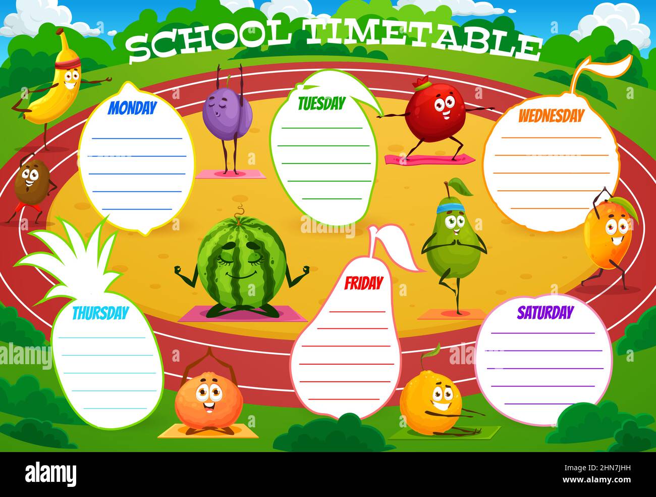 School timetable schedule, cartoon fruits characters on yoga. Vector ...