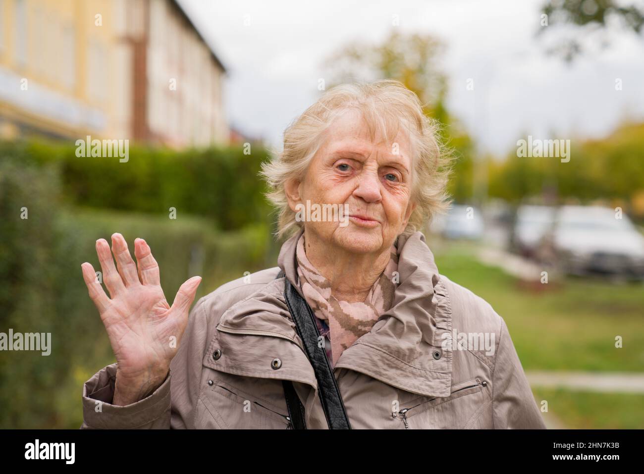 The grandma from Germany after a tasty dinner waving and smiling in the ...