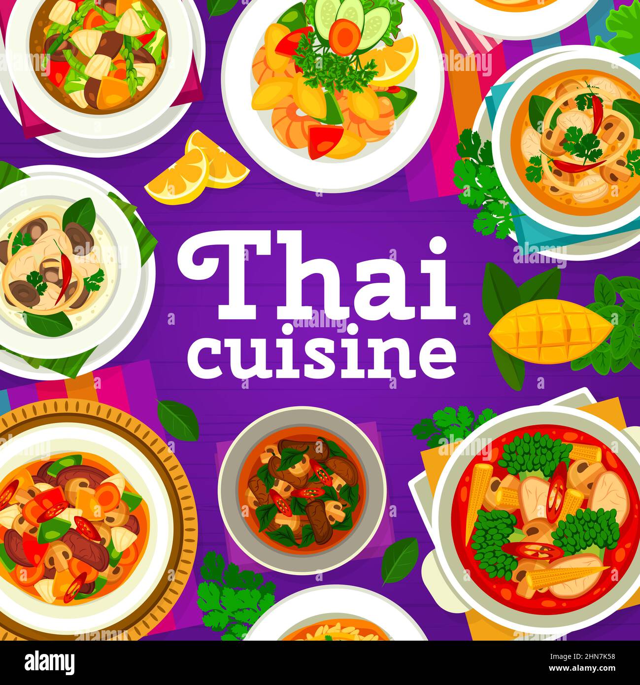 Thai cuisine restaurant menu cover. Shrimp mango salad, lamb mushroom ...