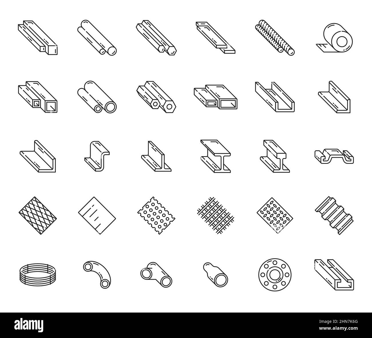 Steel and aluminium rolled metal, stainless profile outline icons set ...