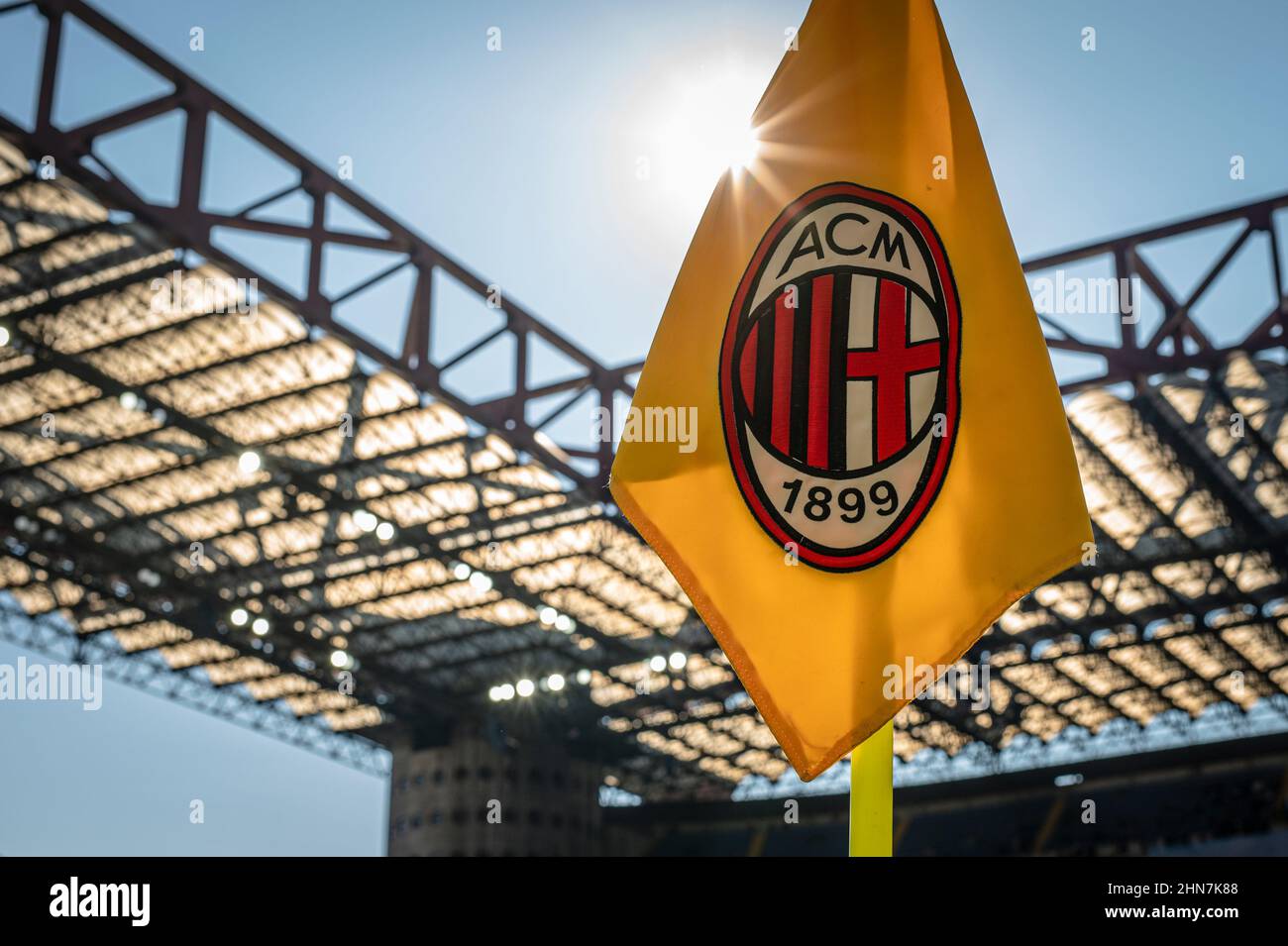 Milan, Italy. 13 February 2022. A corner flag bearing AC Milan logo ...