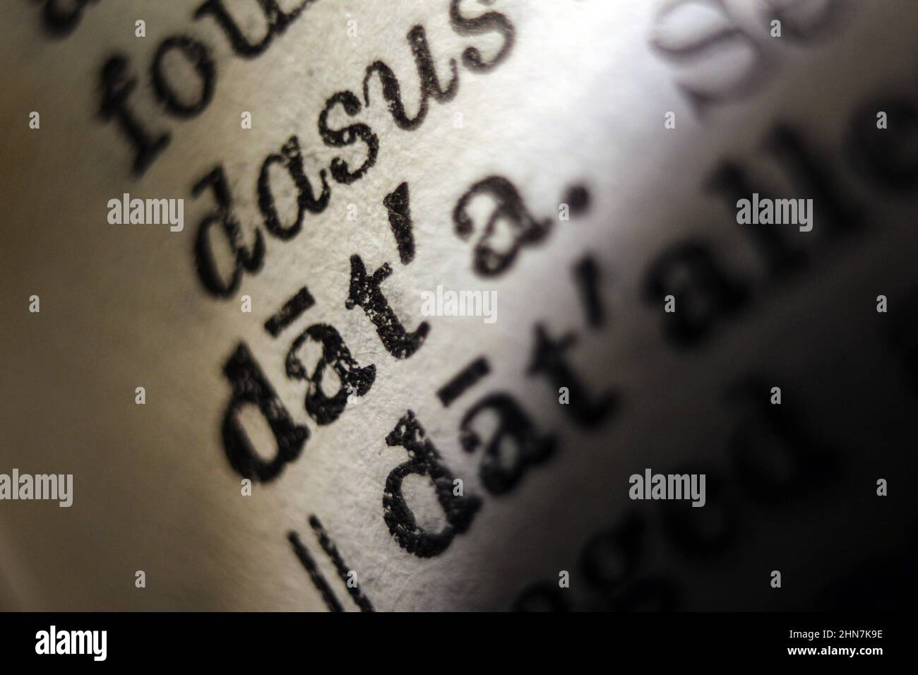 Word data printed on dictionary page, macro close-up Stock Photo - Alamy