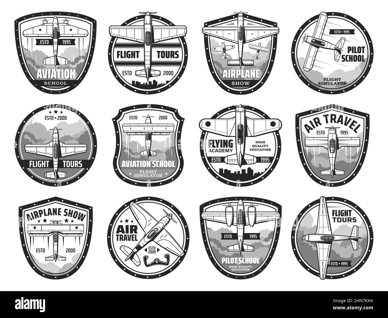 Air travel and airplane show icons set. Aviation school, flying academy ...