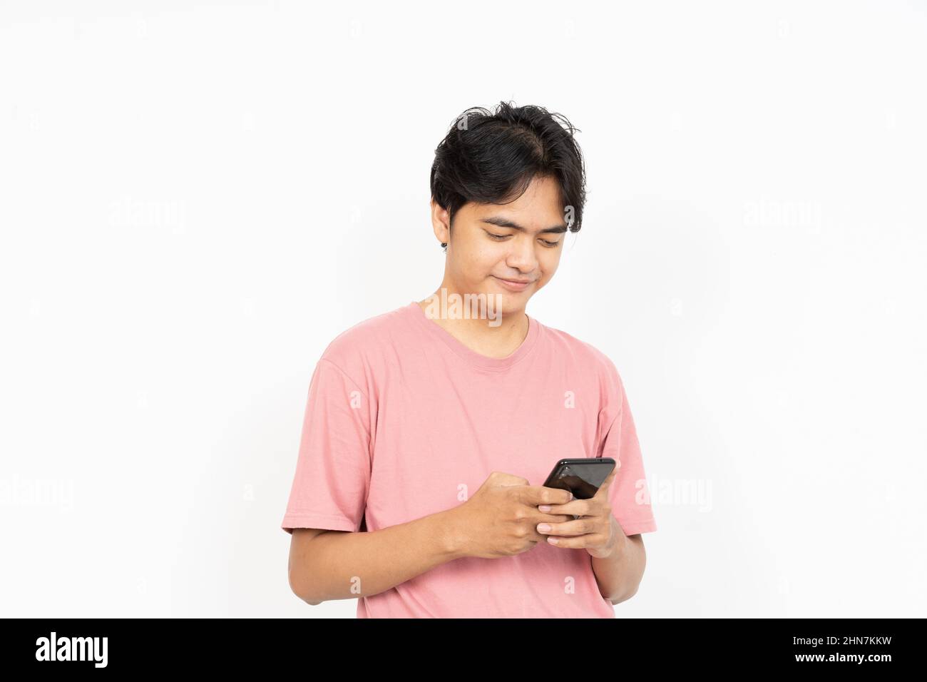 Happy Asian man use smartphone isolated on white background Stock Photo ...