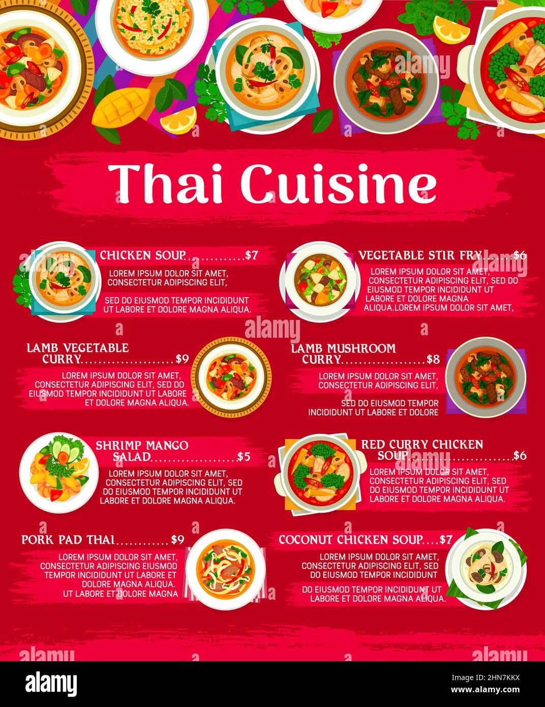 Thai cuisine menu template. Lamb vegetable and mushroom curry ...