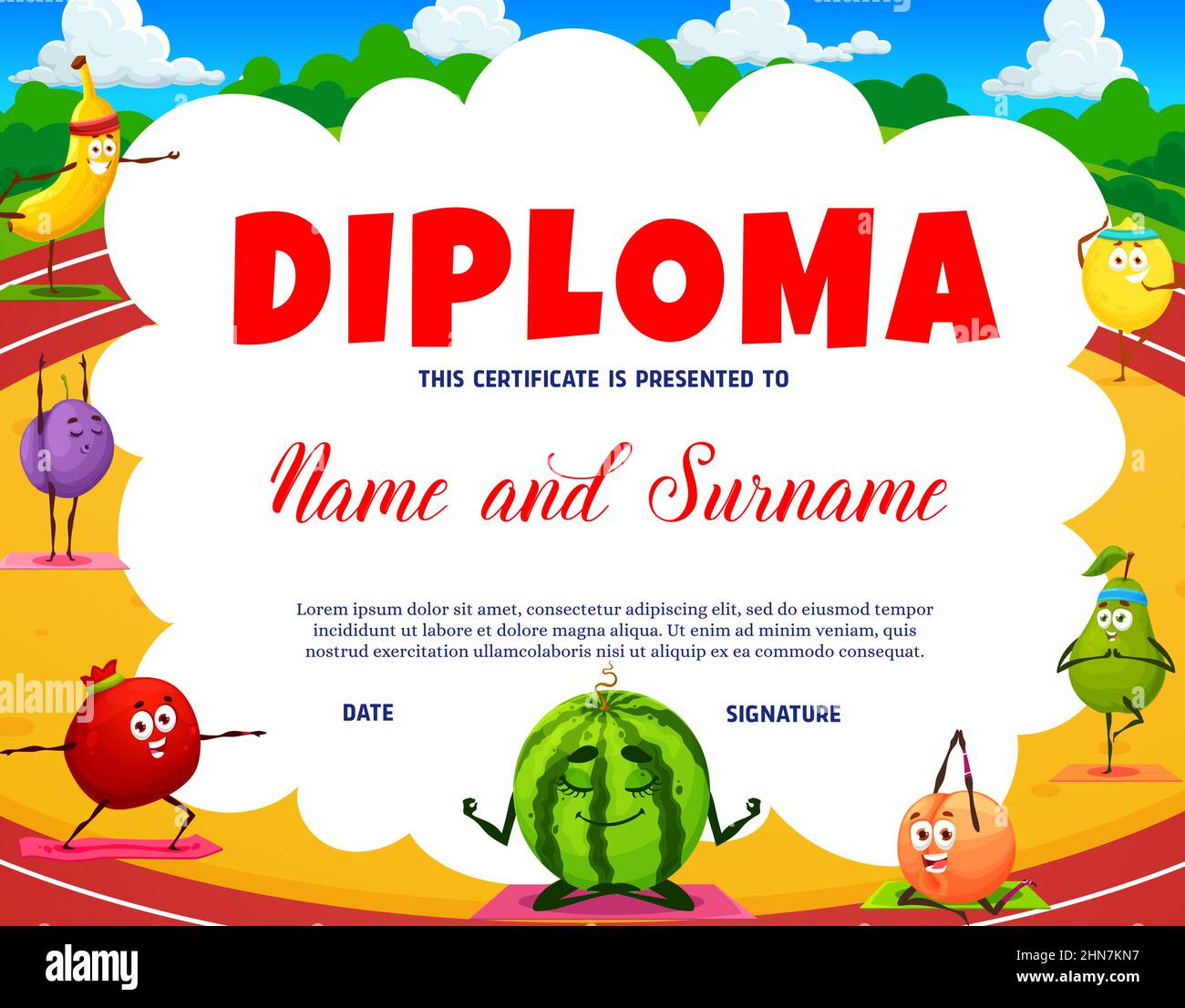 Kids diploma, cartoon fruits characters on yoga fitness. Vector ...