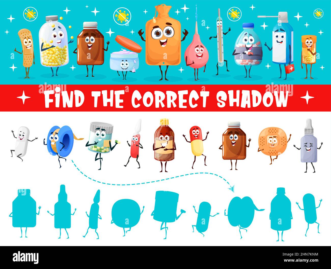 Find the correct shadow maze worksheet of cartoon vector drugs, pill ...