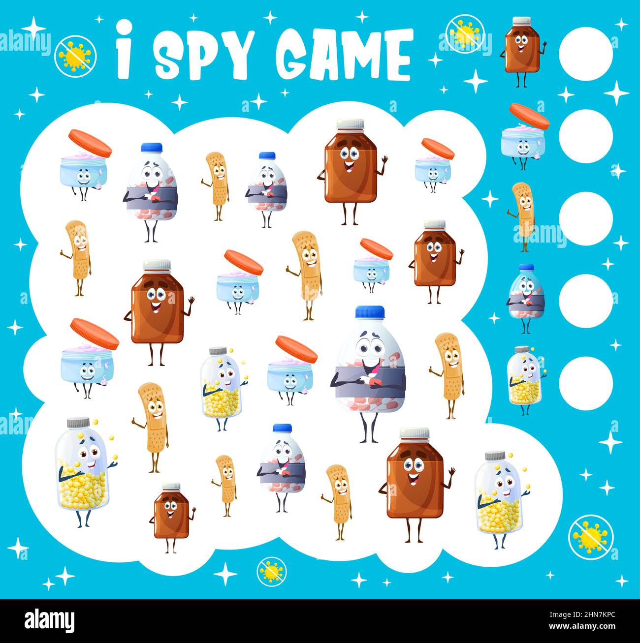 I spy game worksheet of vector pill and medication characters. Maths ...