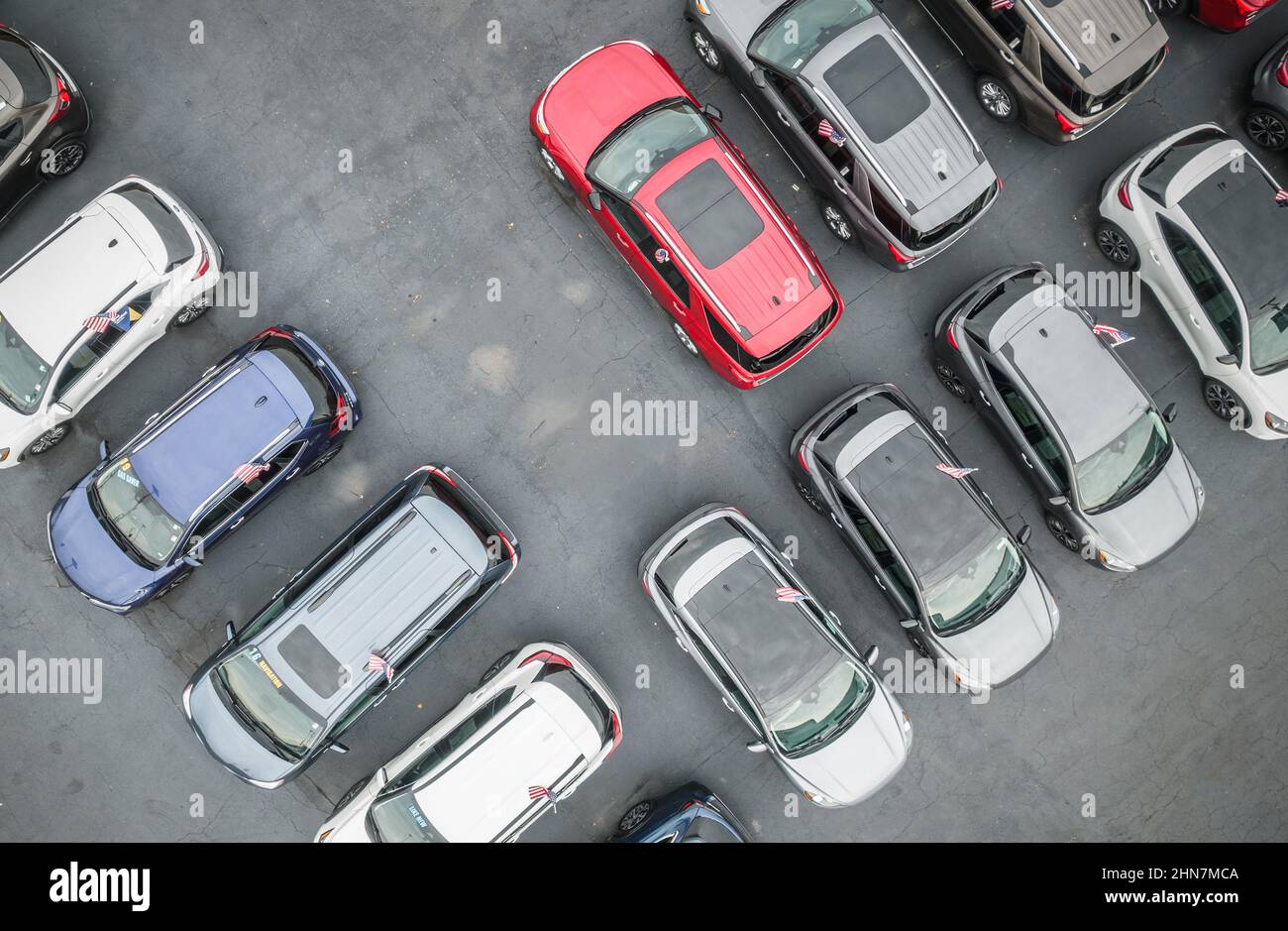 Aerial View on Car Dealership Lot with Vehicle For Sale. Automotive ...