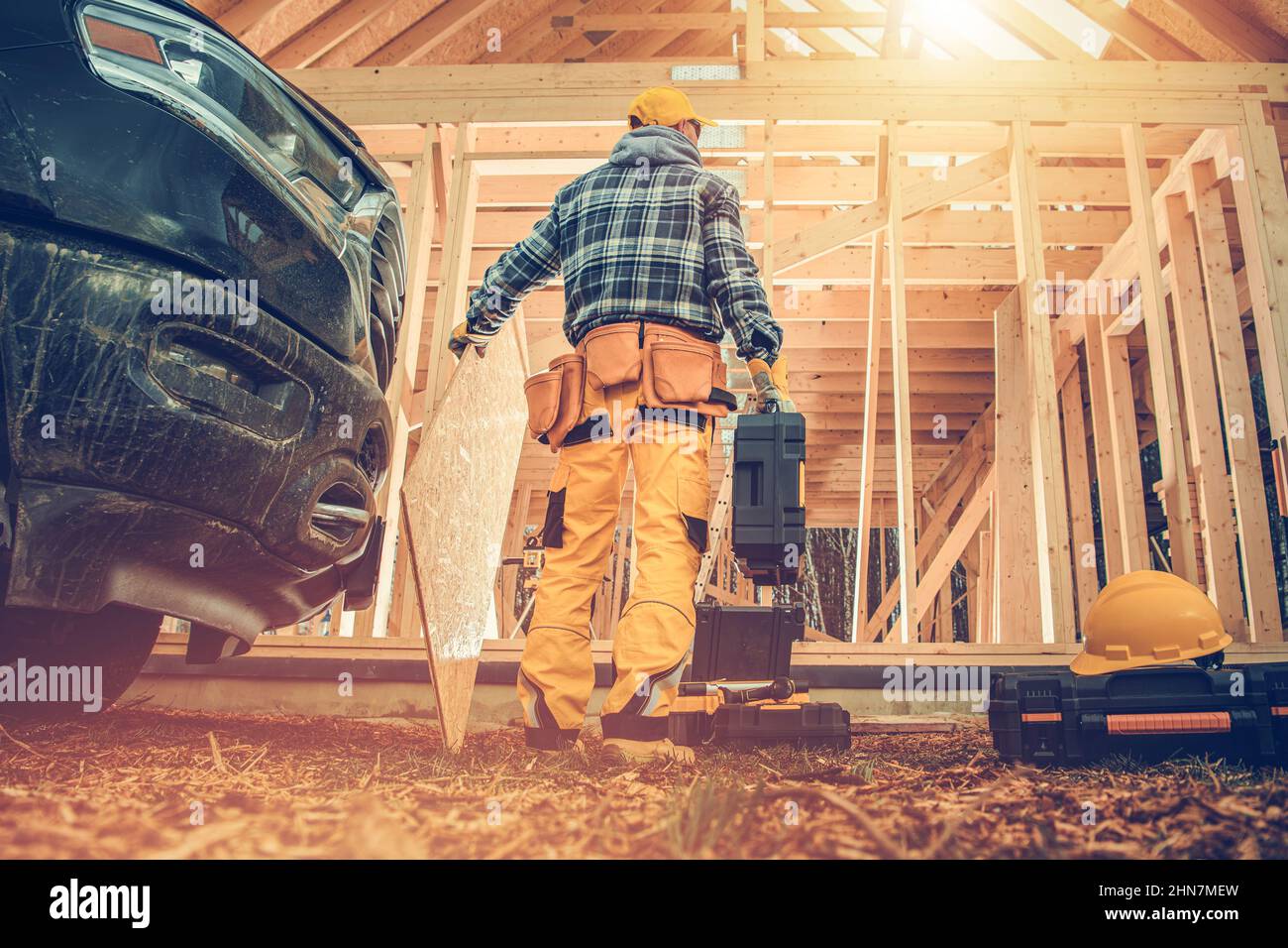 Yet Another Job Day in the Construction Site. Wooden Skeleton Frame of ...