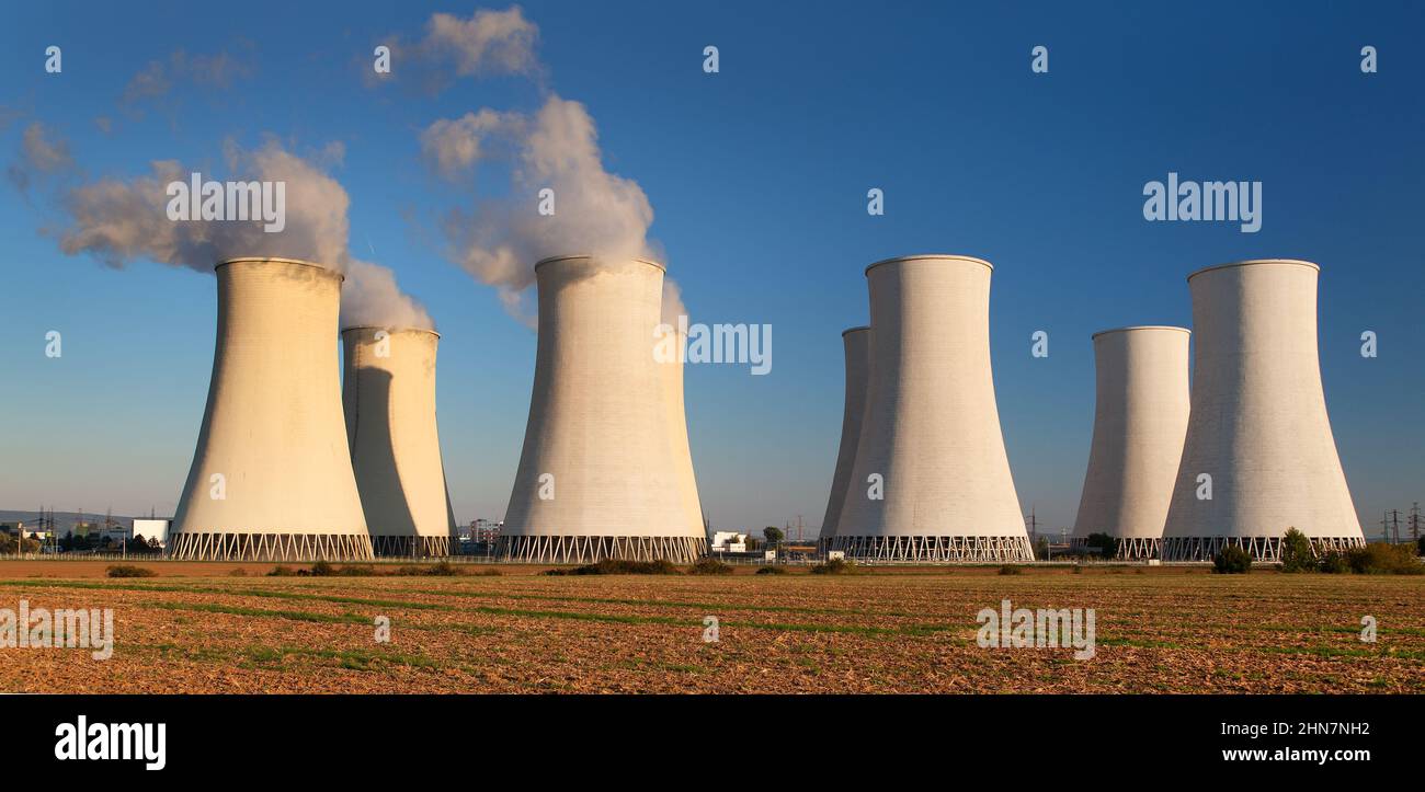 Evening colored sunset view of Nuclear power plant Jaslovske Bohunice ...