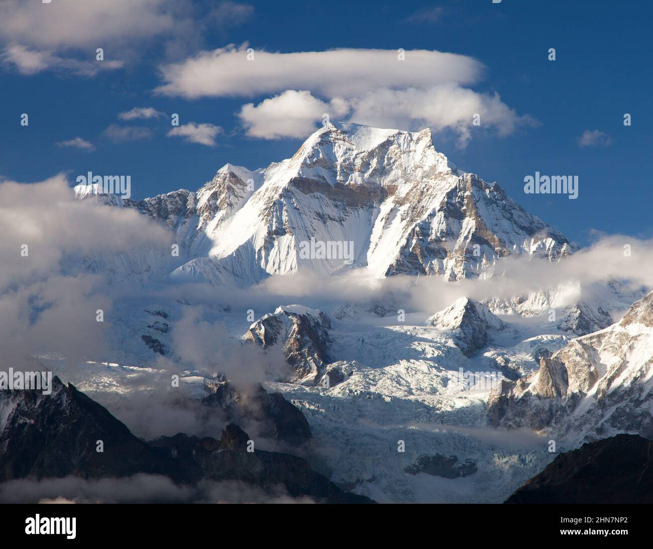 View from Gokyo Ri to mount Gyachung Kang 7952m within clouds near Cho ...