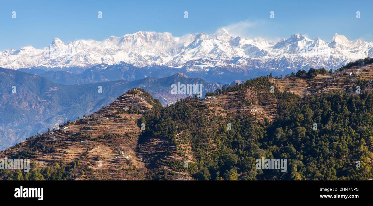 Himalaya, panoramic view of Indian Himalayas, great Himalayan range, Uttarakhand India, view ...