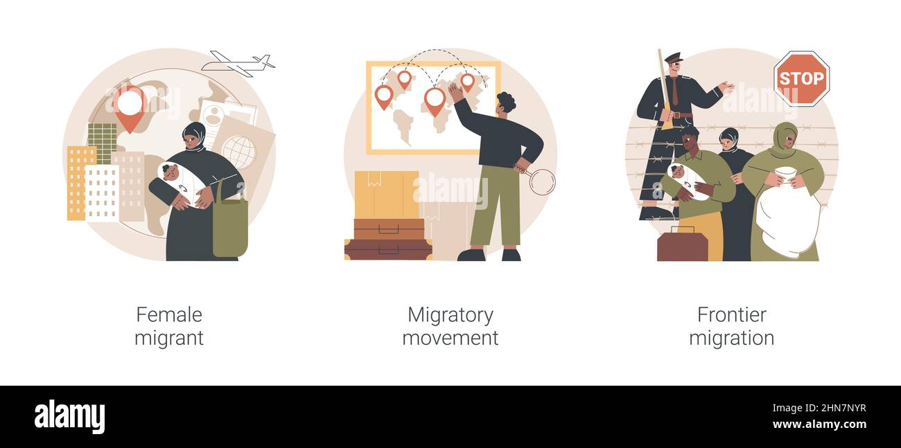 Human migration abstract concept vector illustration set. Female ...