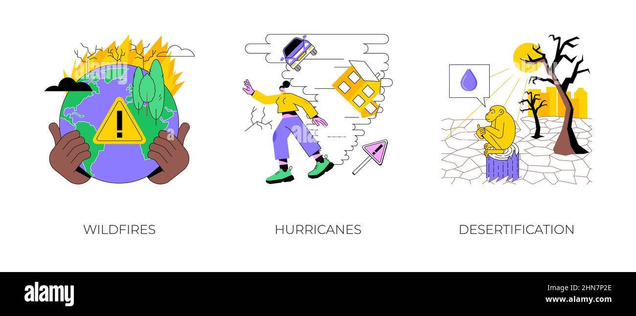 Natural disaster abstract concept vector illustration set. Wildfires ...
