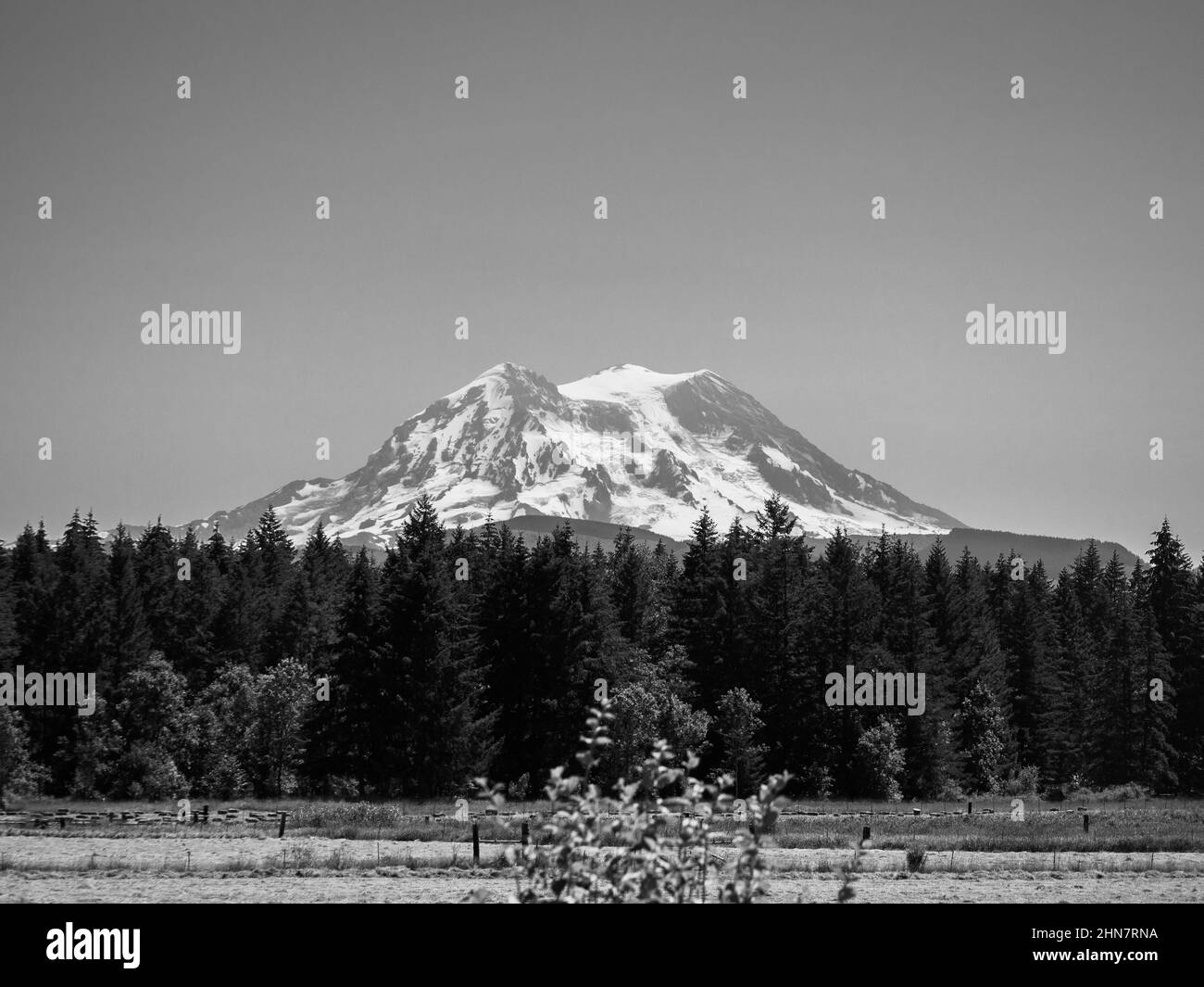 Grayscale of a landscape with mountains under the clear sky Stock Photo ...