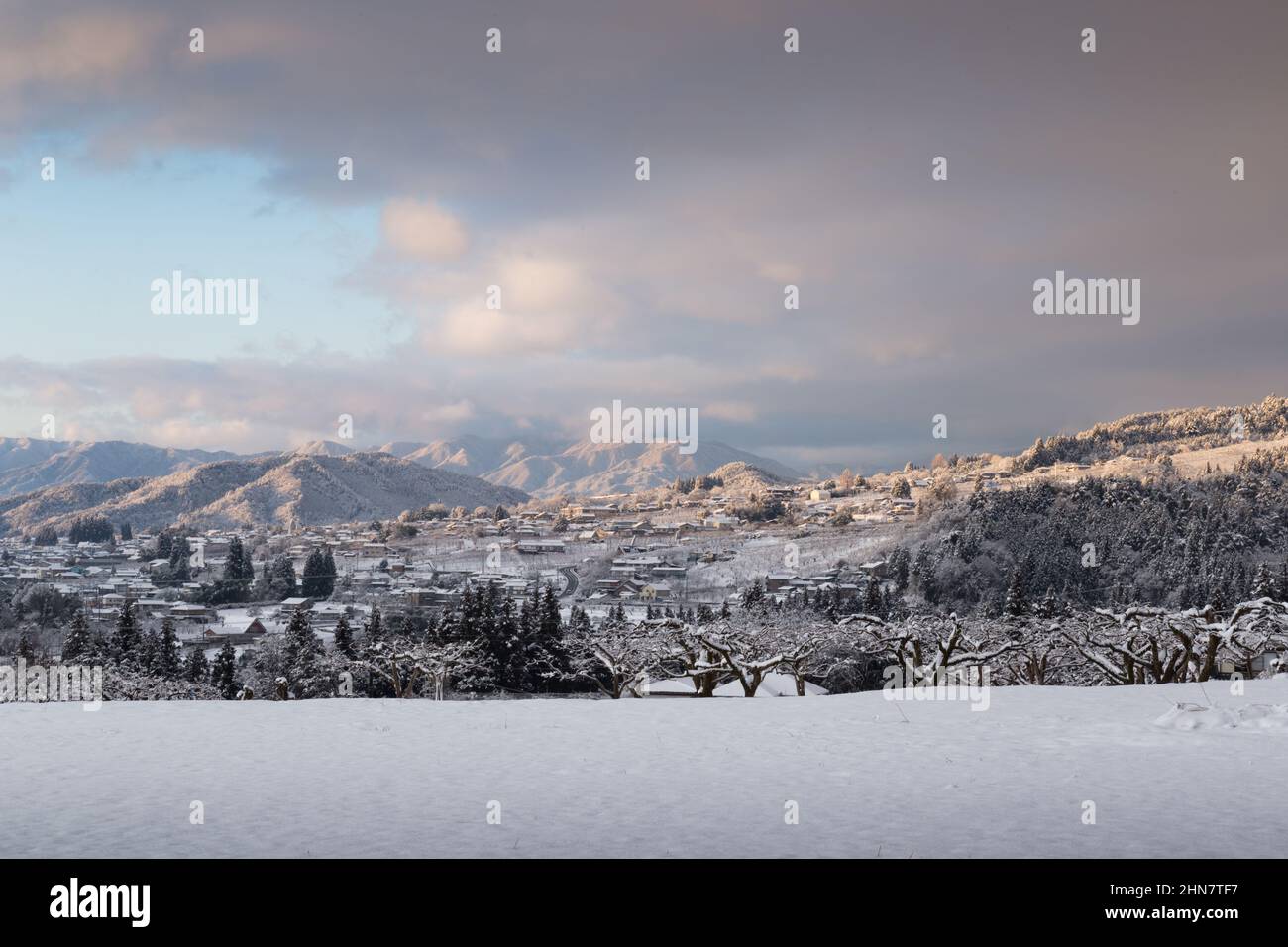 iida, nagano, japan, 2022/11/02 , Panoramic view of rural areas of iida ...