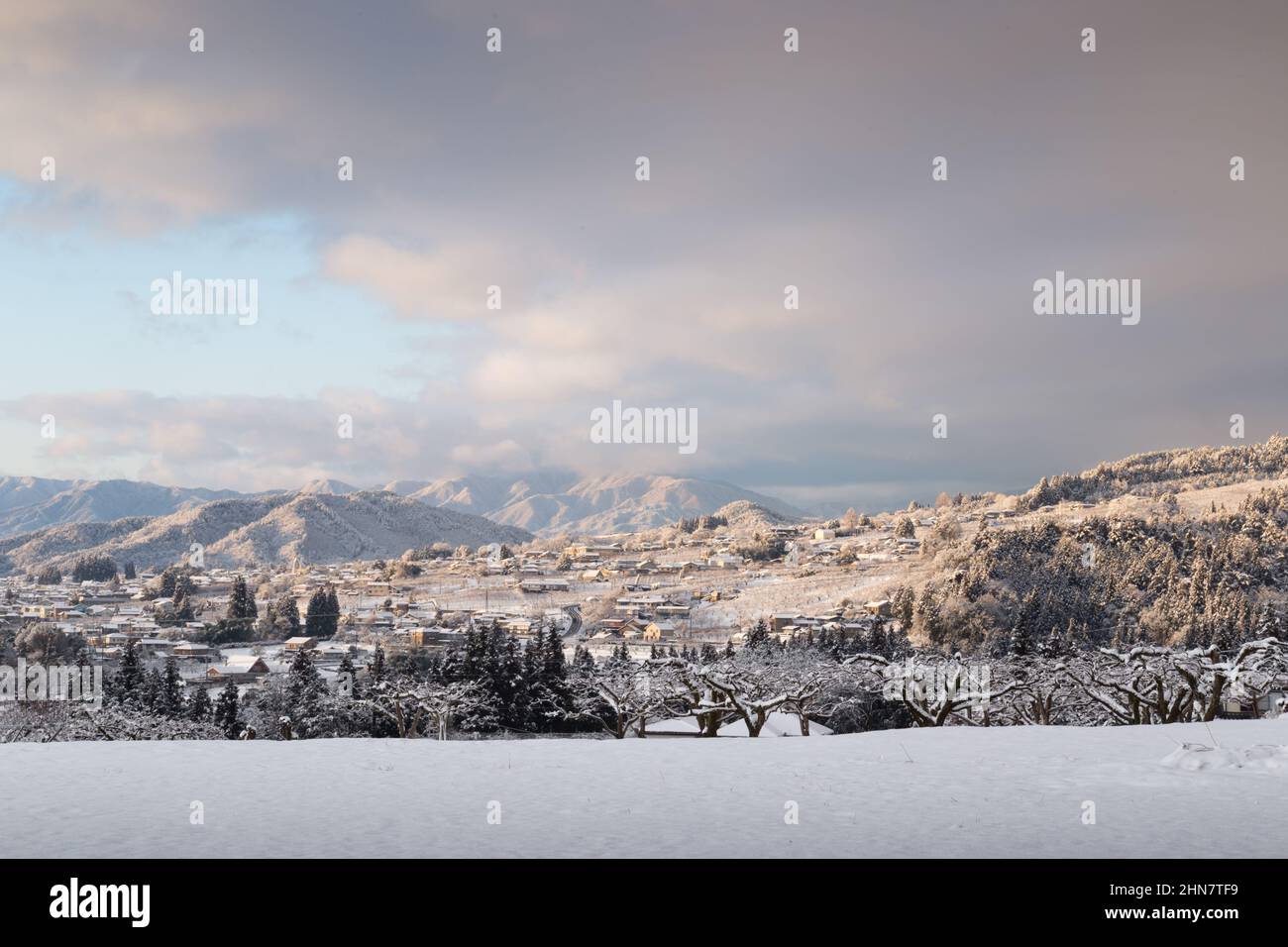 iida, nagano, japan, 2022/11/02 , Panoramic view of rural areas of iida ...