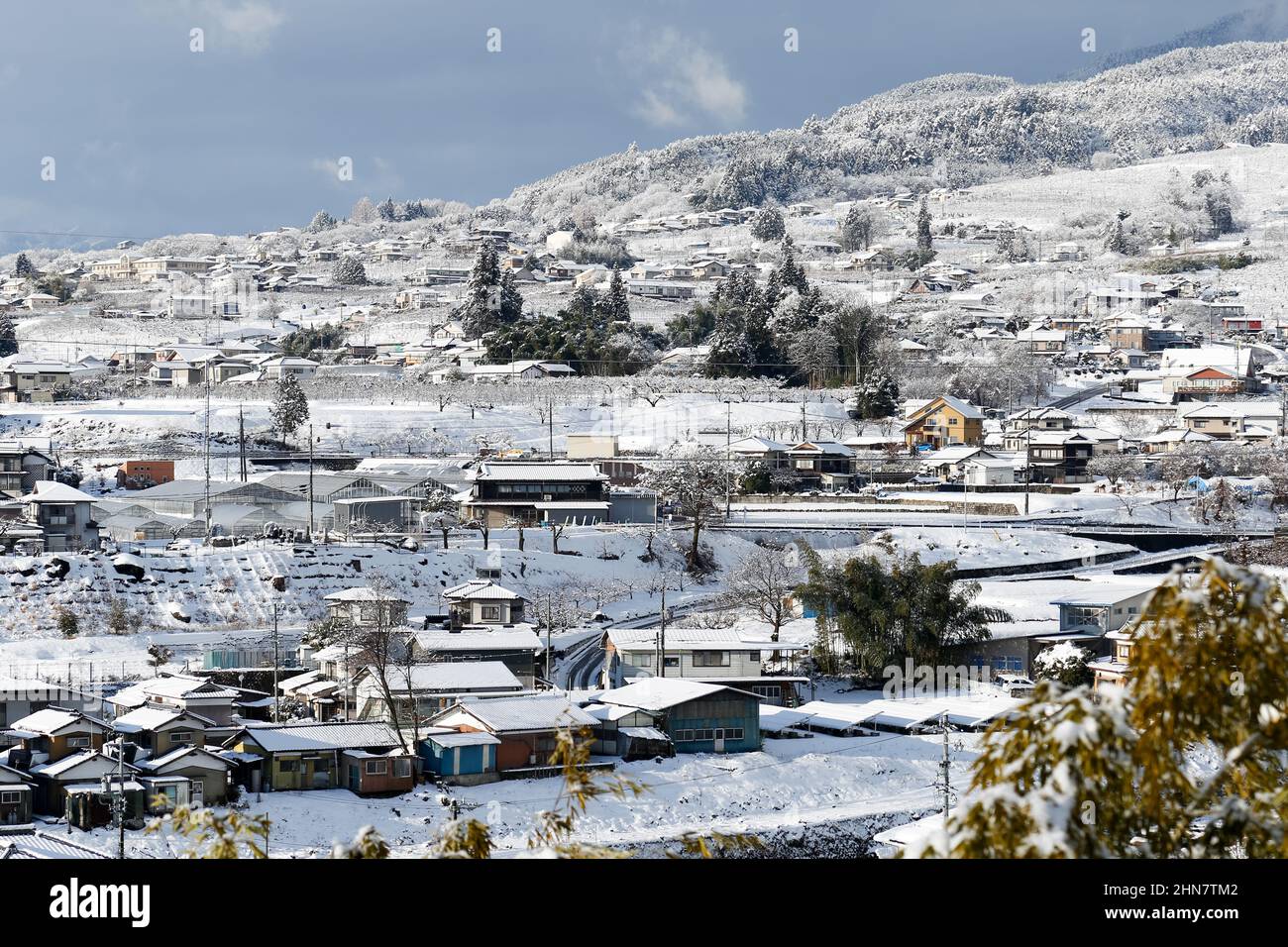 iida, nagano, japan, 2022/11/02 , Panoramic view of rural areas of iida ...