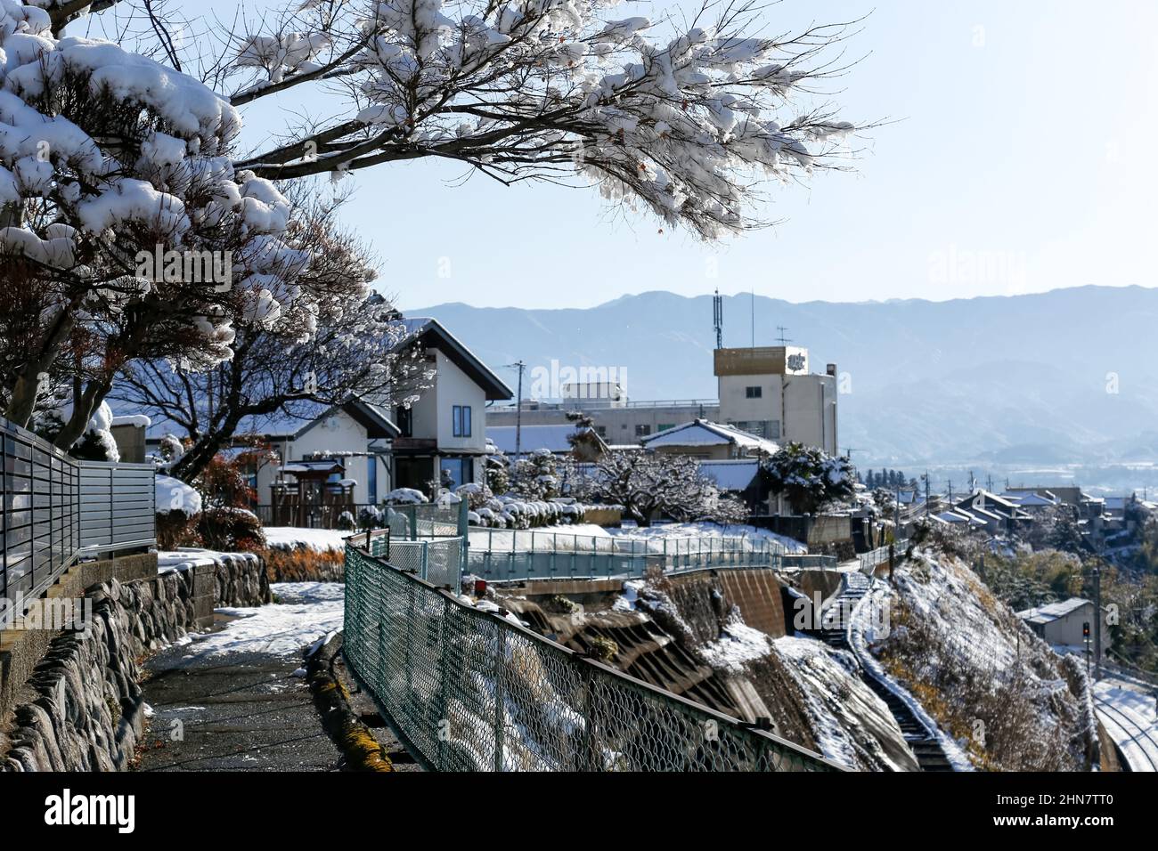 iida, nagano, japan, 2022/11/02 , view of areas of iida city in winter ...