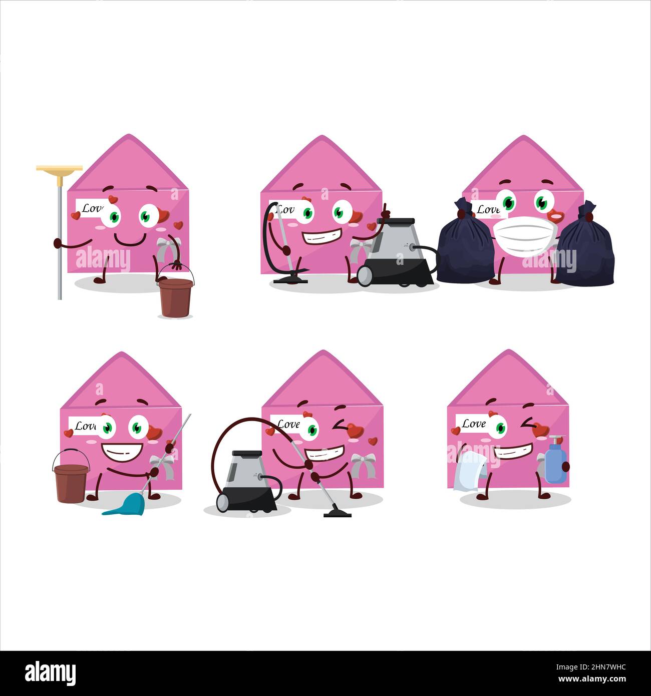 Cleaning service pink love envelope cute cartoon character using mop ...