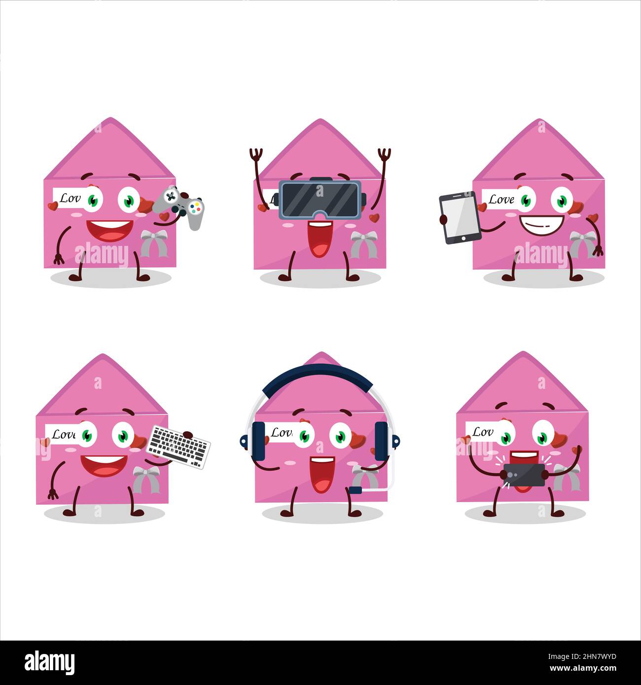 Pink love envelope cartoon character are playing games with various ...