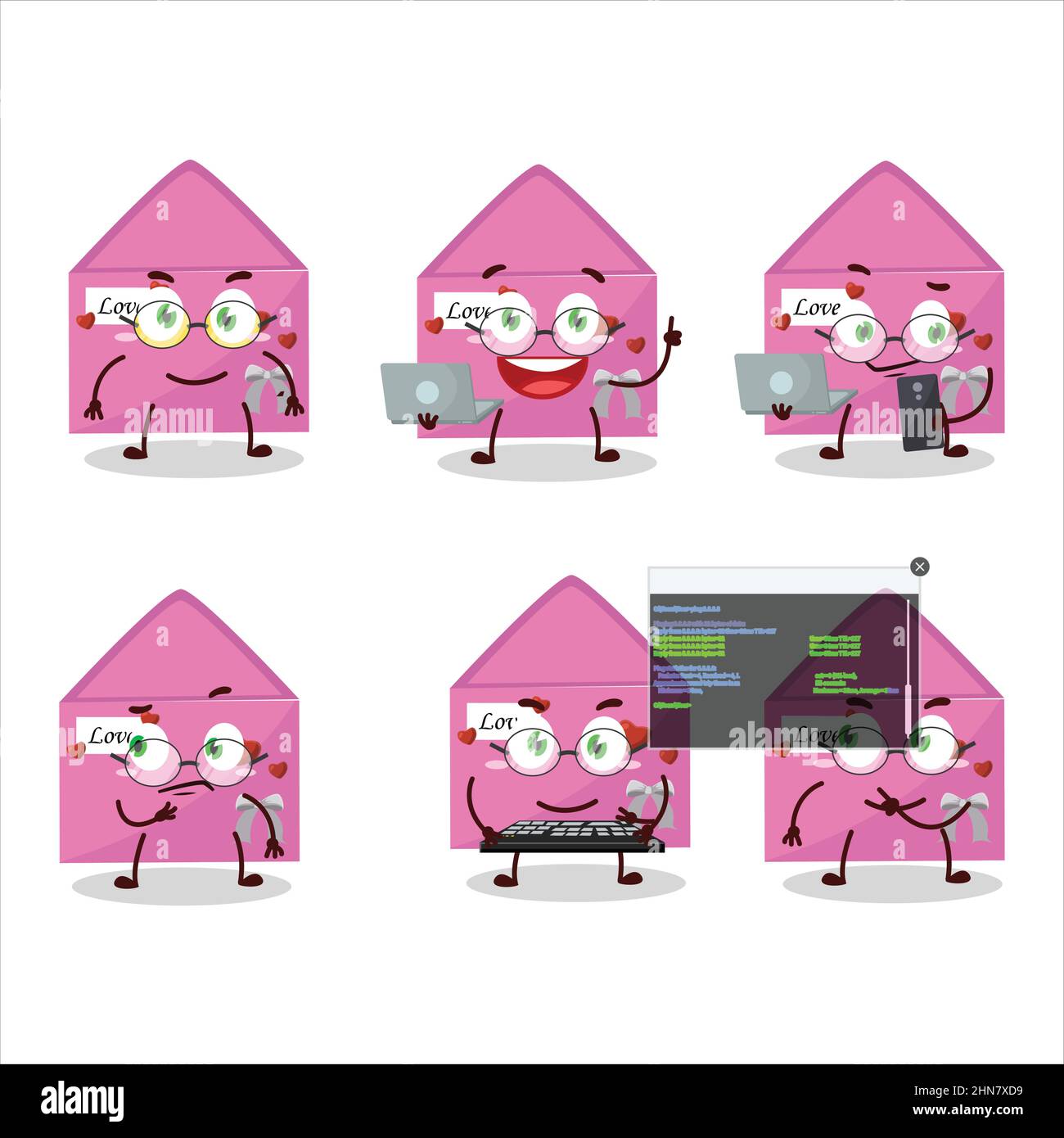 Pink love envelope Programmer cute cartoon character with. Vector ...