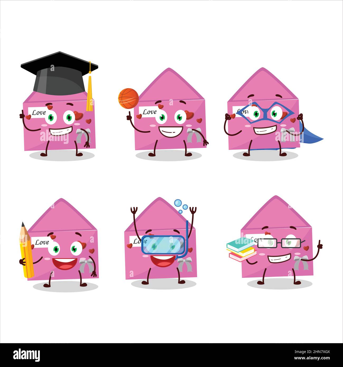 School student of pink love envelope cartoon character with various ...