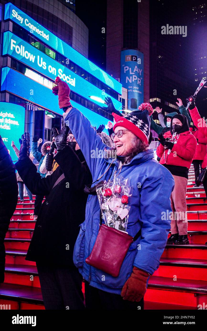 New York, New York, USA. 14th Feb, 2022. People came to the red steps ...