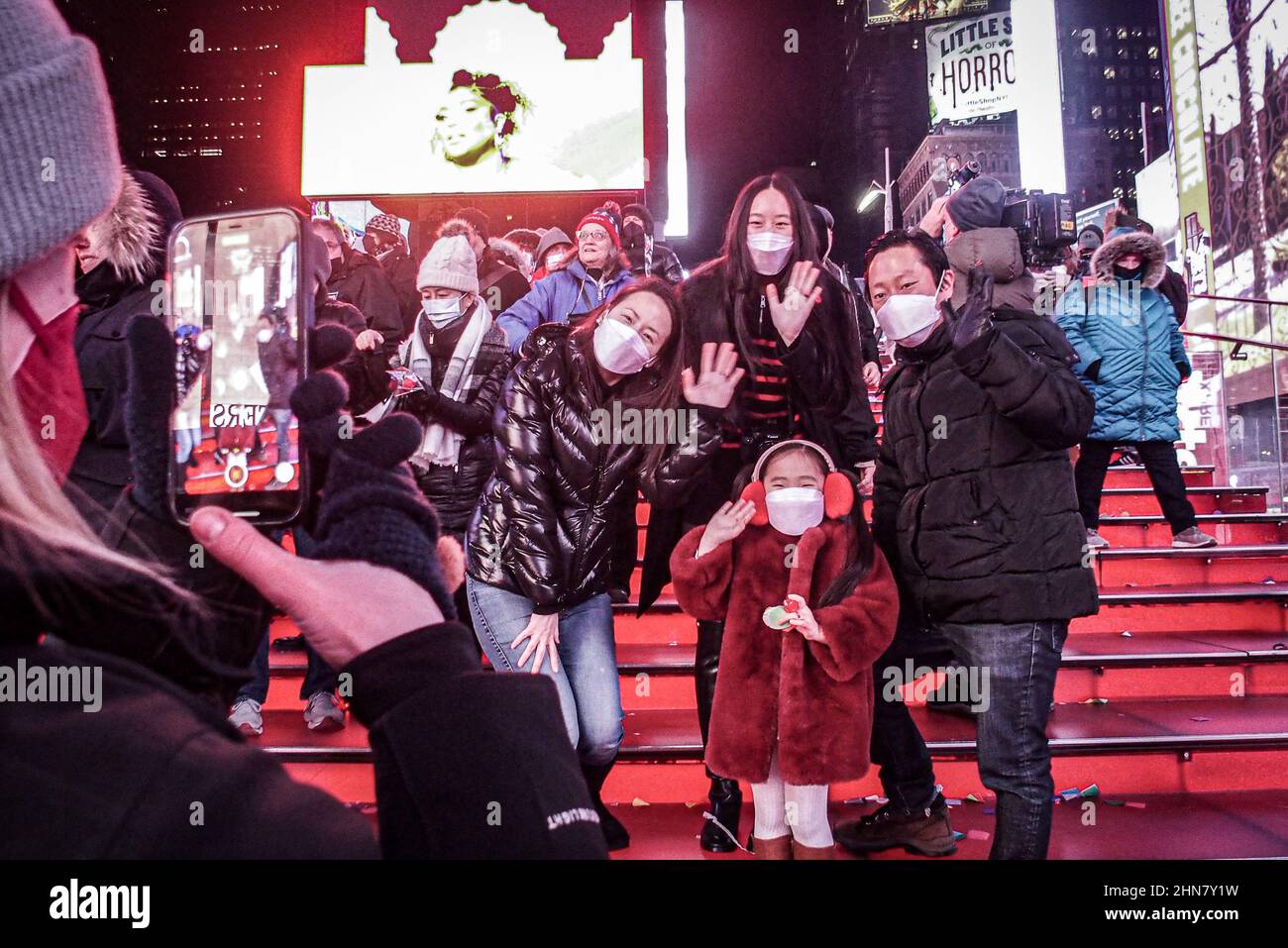 New York, New York, USA. 14th Feb, 2022. People came to the red steps ...