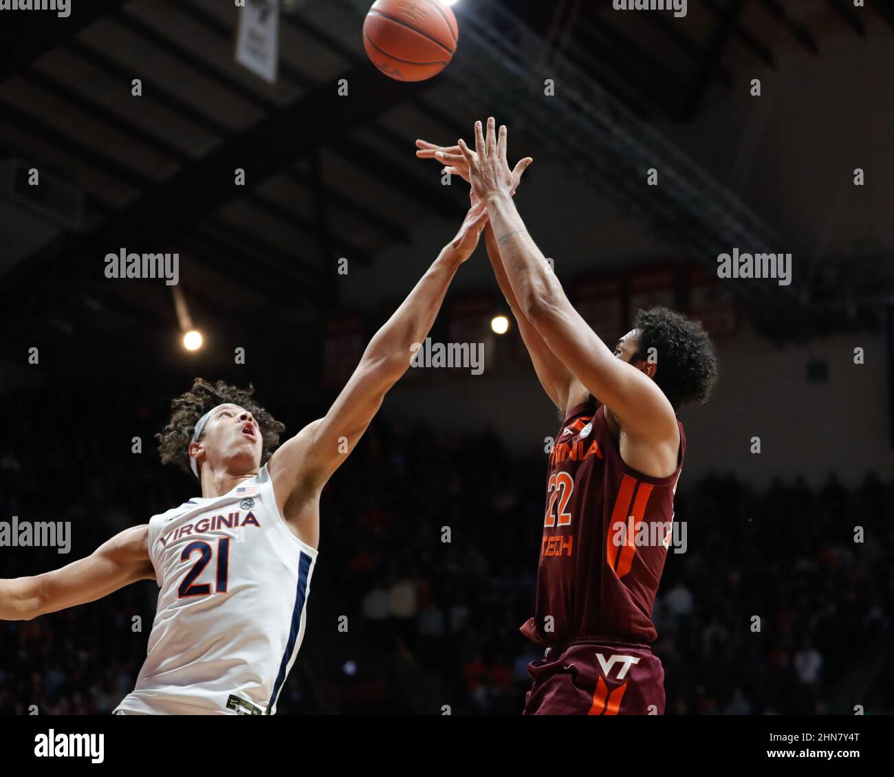 February 14, 2022: Virginia Tech Hokies forward Keve Aluma (22) shoots ...