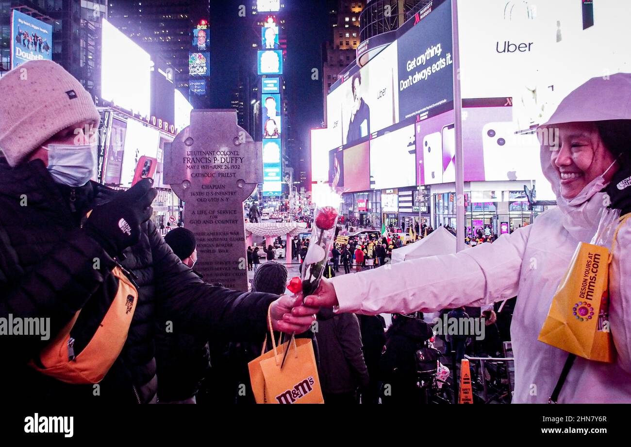New York, New York, USA. 14th Feb, 2022. People came to the red steps ...