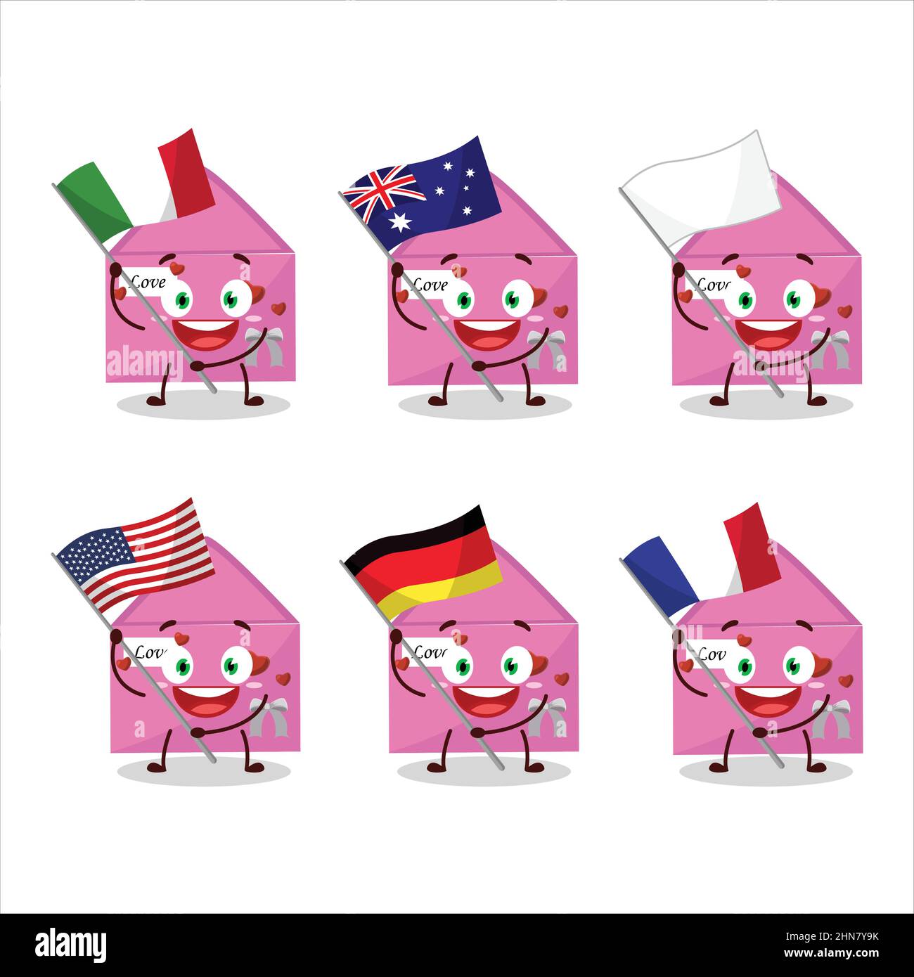 Pink love envelope cartoon character bring the flags of various ...