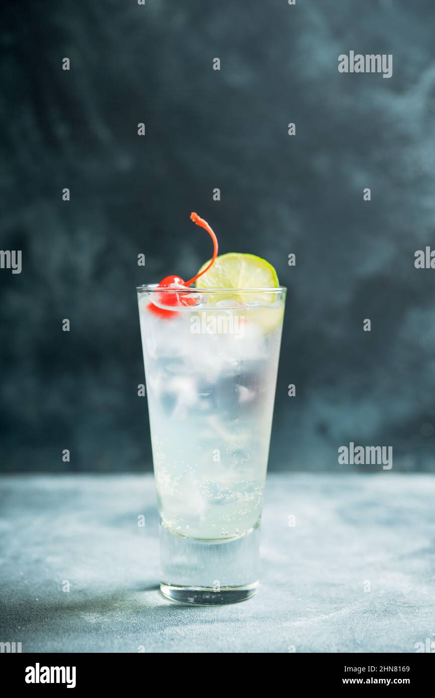 Rum collins cocktail (variation of traditional Tom collins). Selective ...