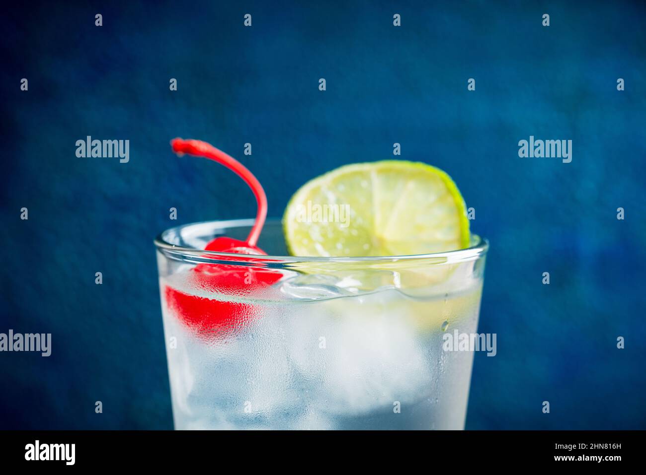 Rum collins cocktail (variation of traditional Tom collins). Selective ...