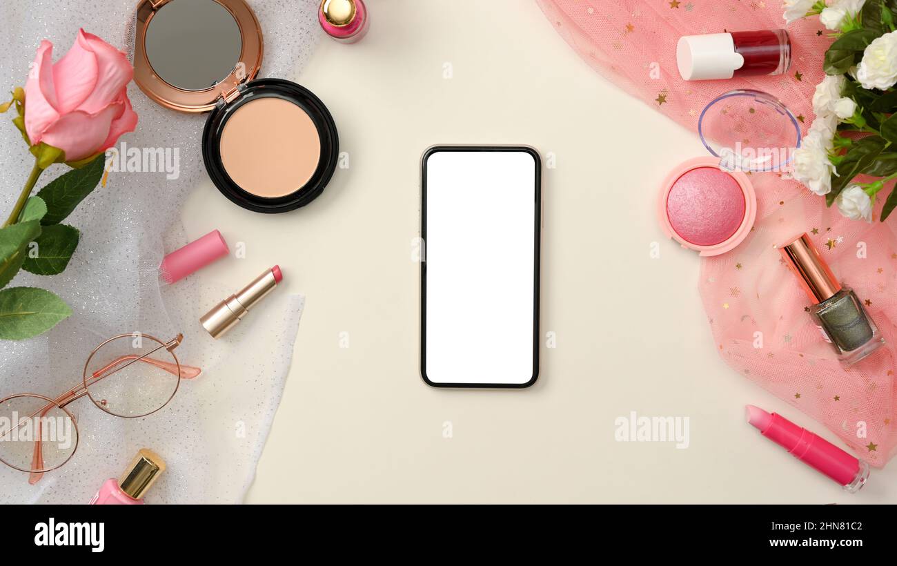 Mockup of a smartphone blank screen on white background surround with ...